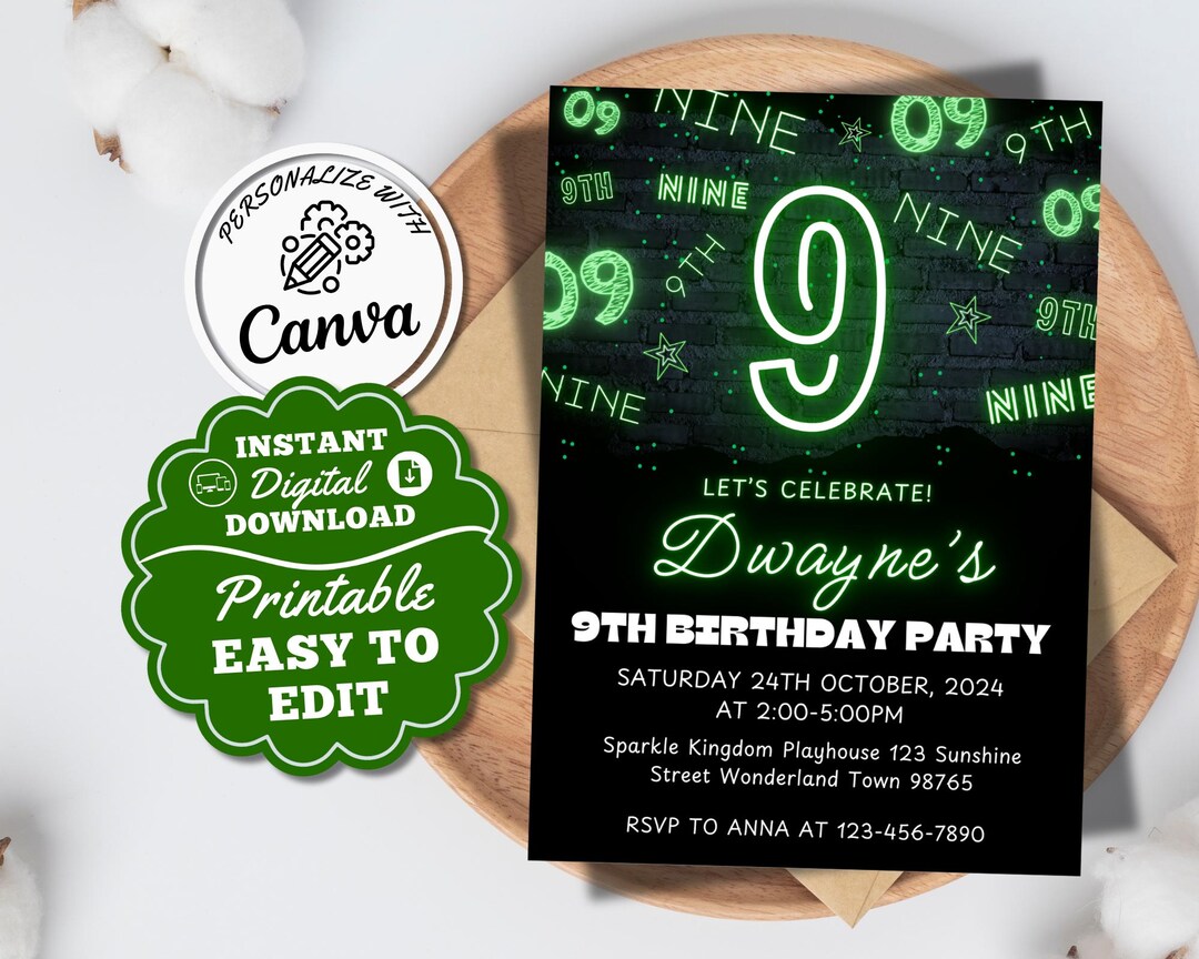 9th Neon Birthday Invitation Boy Birthday Invitation Green Birthday ...