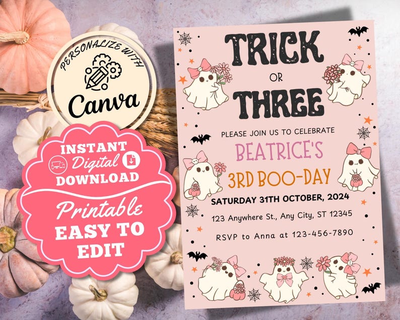 Trick or Three Halloween Ghost 3rd Birthday Party Invitation Cute Pink ...