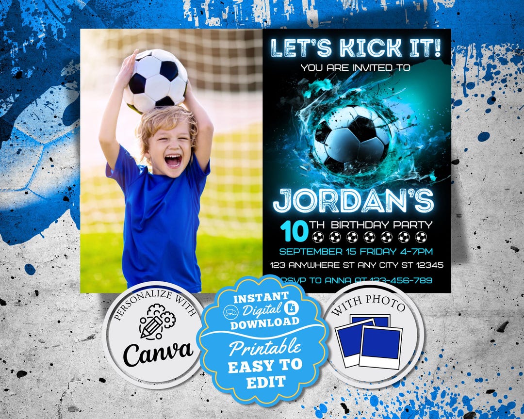 Soccer Birthday Invitation Template: Neon Blue Photo Invite (DIY ...