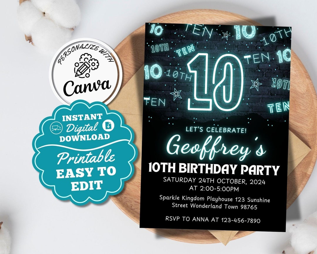 10th Birthday Invitation Neon Tenth Birthday Invitation Glowing 10 Boy ...