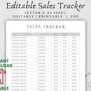 Editable Sales Tracker-printable-etsy Seller-selling Tracker-sales Log ...