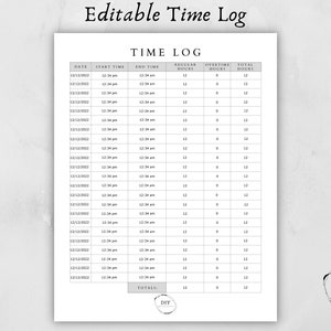 Editable Time Log-work Log Template-work Log-time Log Sheet-time Log ...