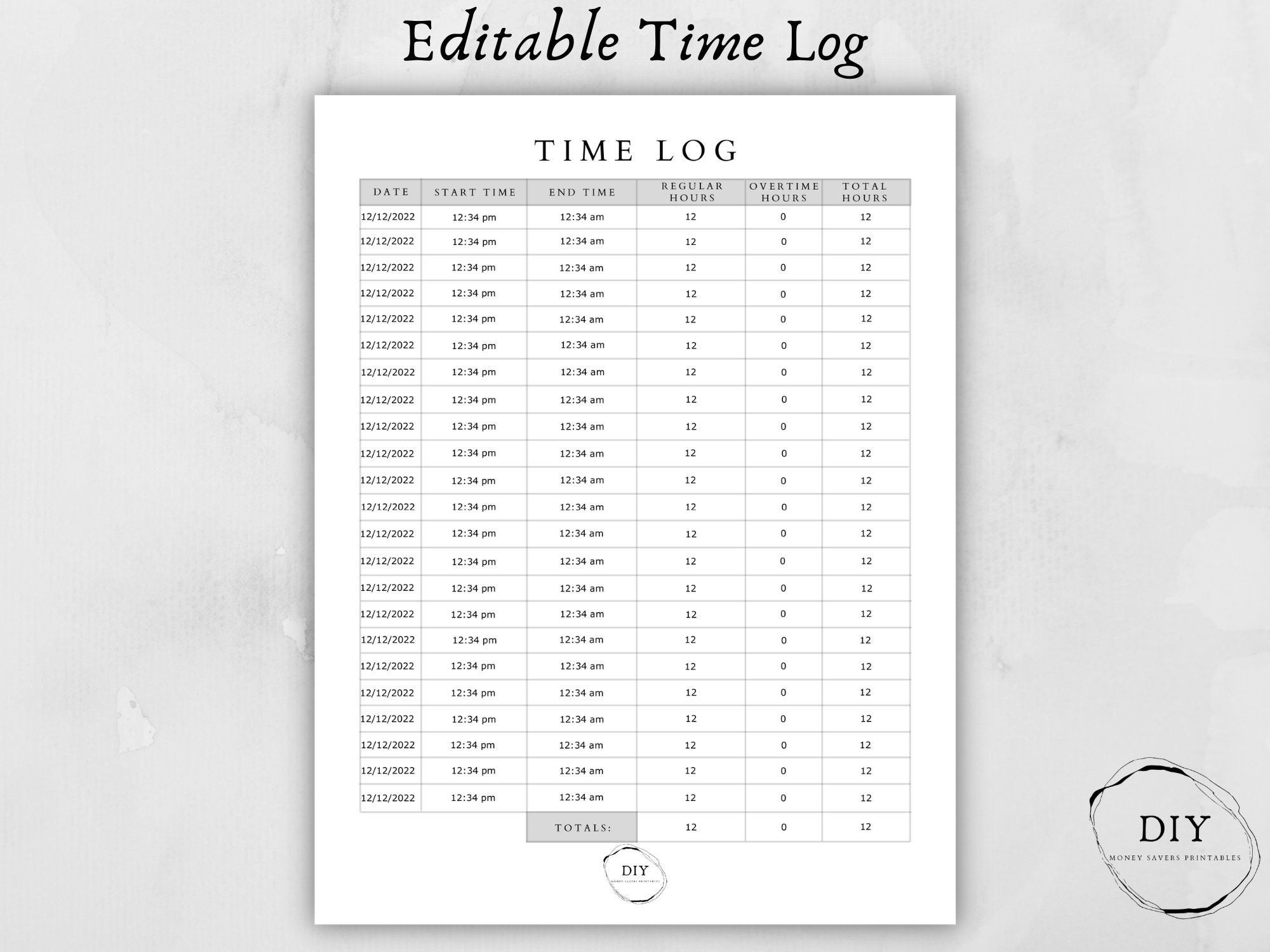 Editable Time Log-work Log Template-work Log-time Log Sheet-time Log ...