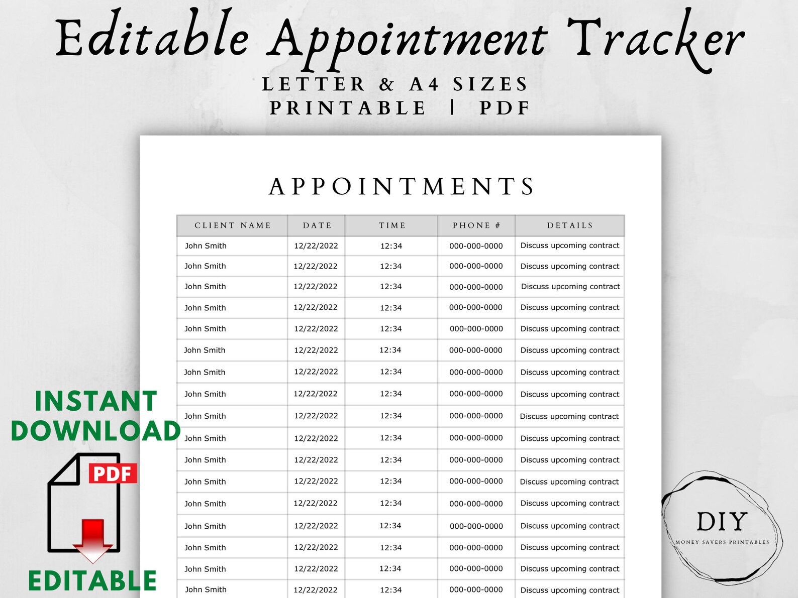 Editable Appointment Tracker-client Info-appointment Book-appointment ...