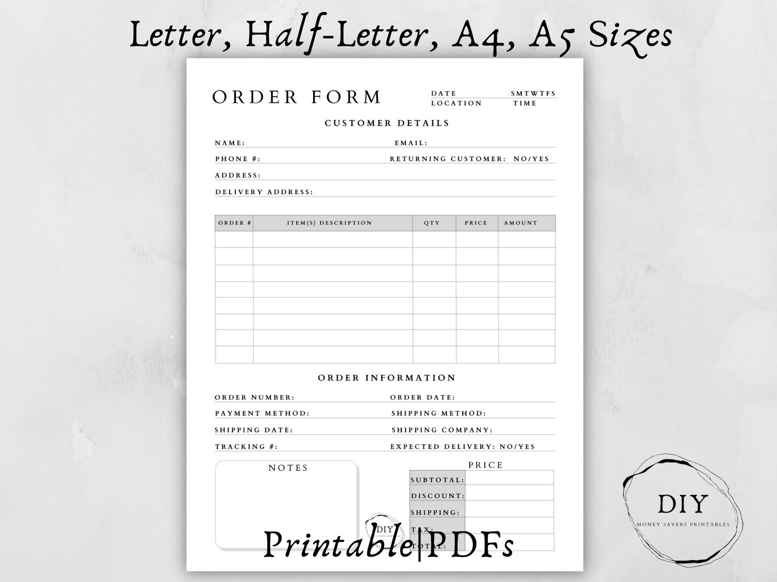 Order Form-order Form Template-purchase Order Form-sale Tracker-order ...