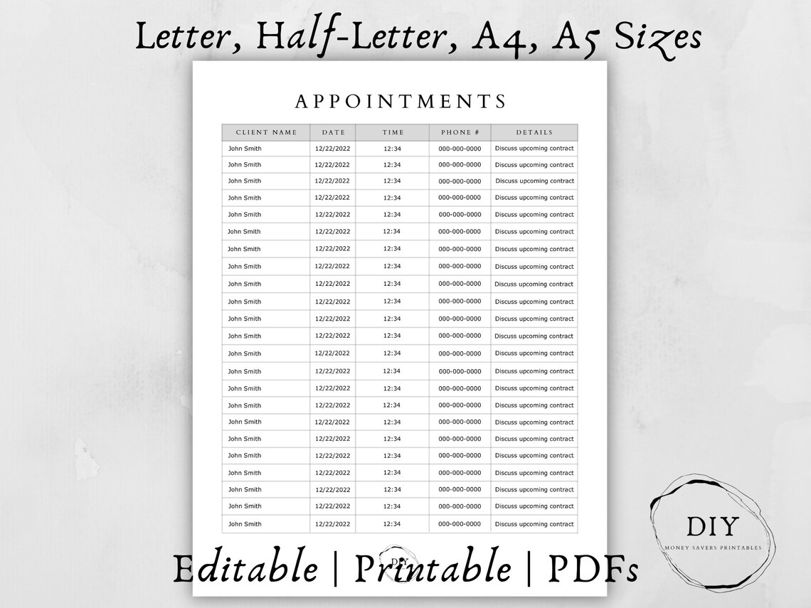 Editable Appointment Tracker-client Info-appointment Book-appointment ...