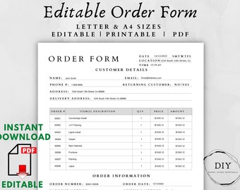 Purchase Order Form Template, Custom Order Form, Editable Order Receipt ...