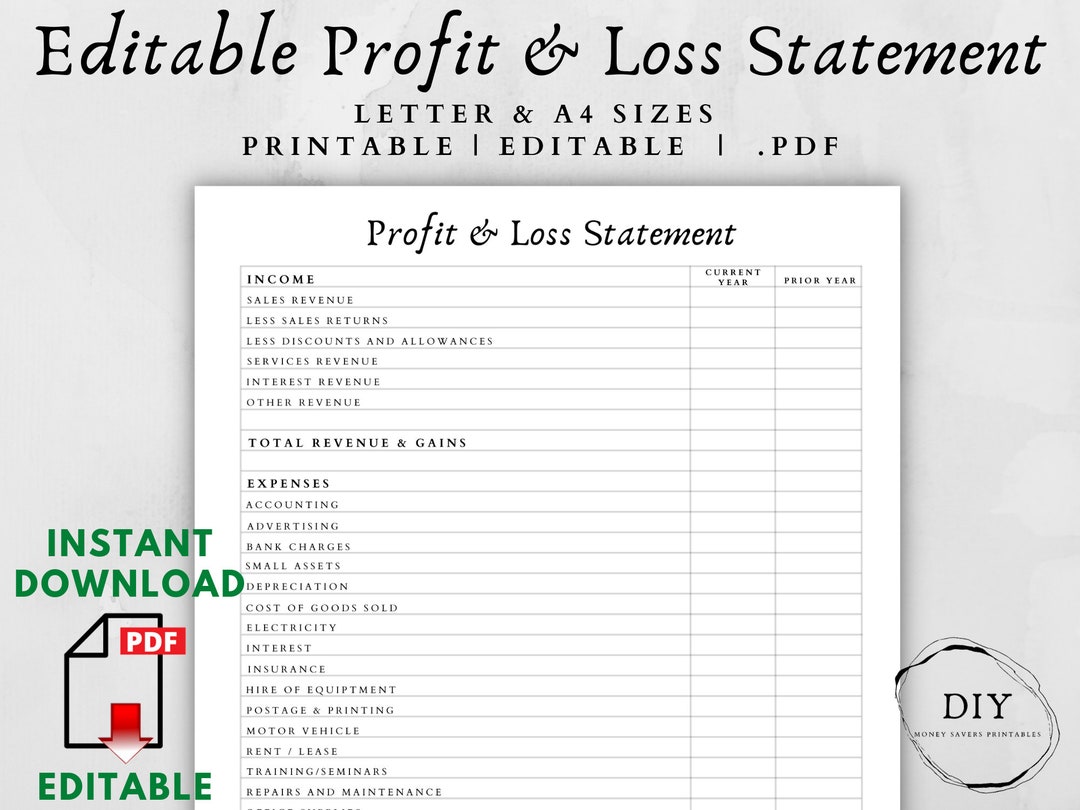 Editable Profit Loss Statement-p and L-P and L Statement-profit Loss- P ...