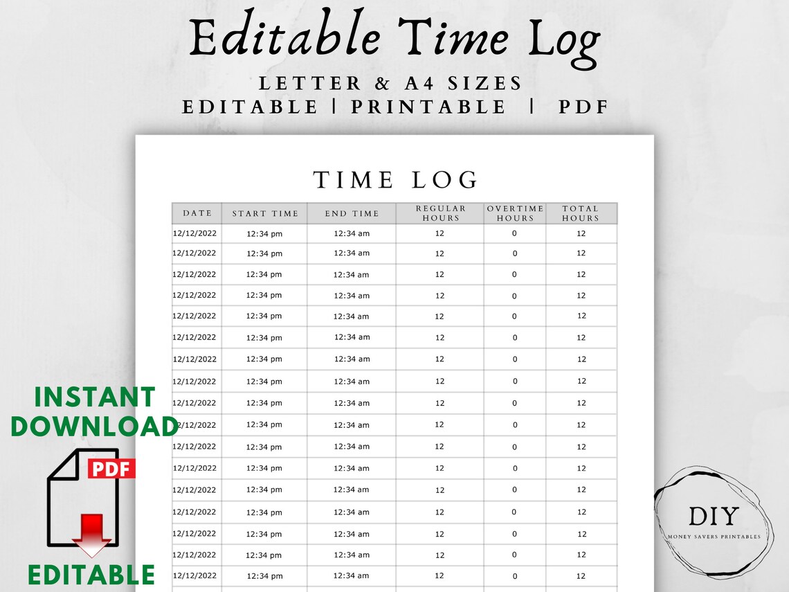 Editable Time Log-work Log Template-work Log-time Log Sheet-time Log ...