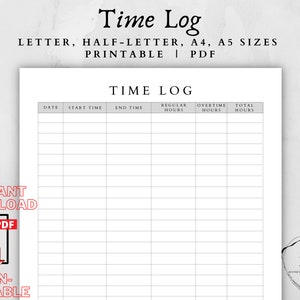 Printable [time Log]-work Log Sheet-work Log-work Log Sheet-time Sheet ...
