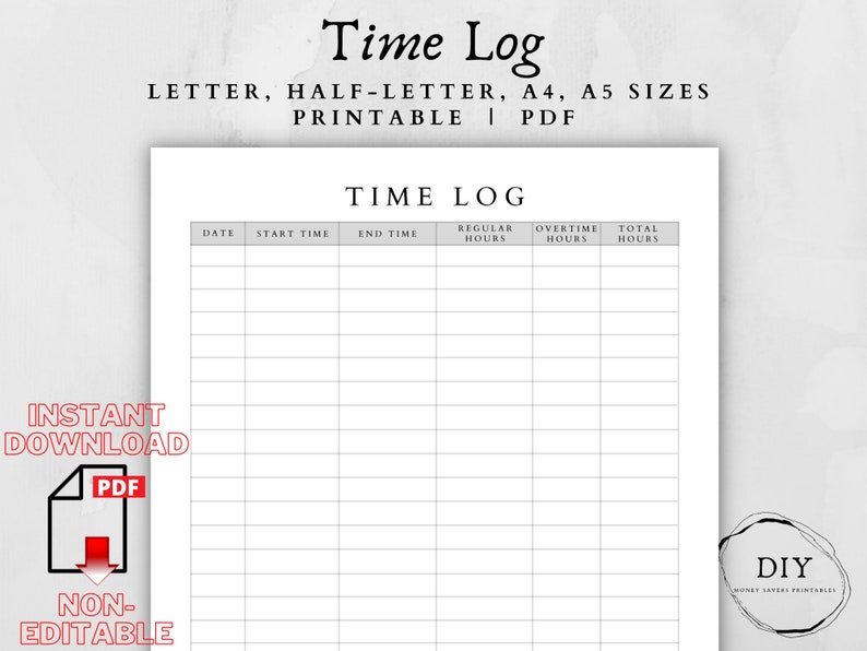 Printable [time Log]-work Log Sheet-work Log-work Log Sheet-time Sheet ...