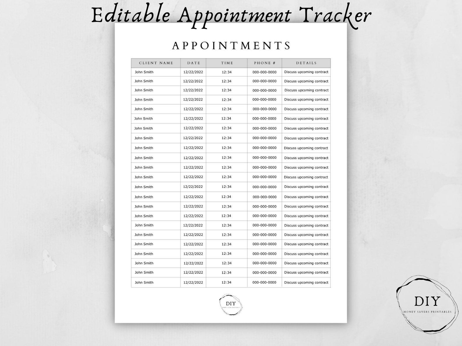 Editable Appointment Tracker-client Info-appointment Book-appointment ...