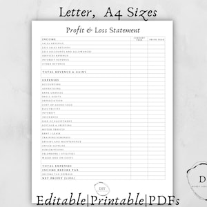 Editable Profit Loss Statement-p and L-P and L Statement-profit Loss- P ...