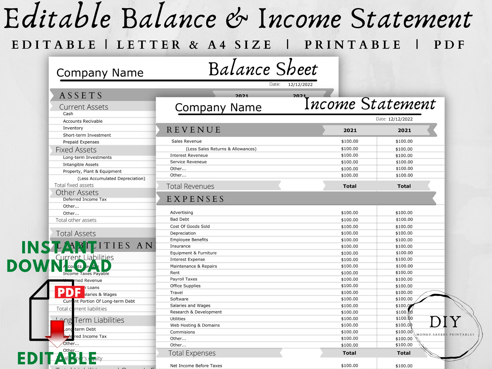 Editable Balance and Income Statement-income Statement-balance Sheet ...