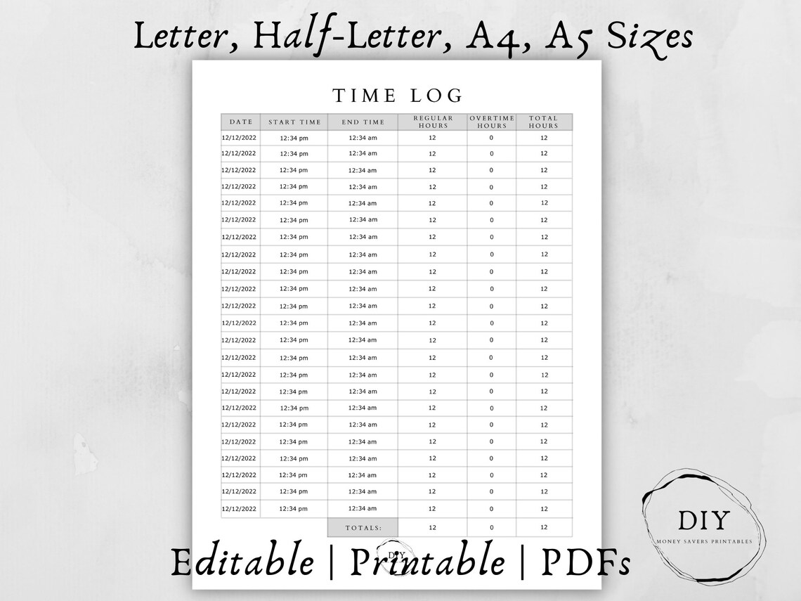 Editable Time Log-work Log Template-work Log-time Log Sheet-time Log ...