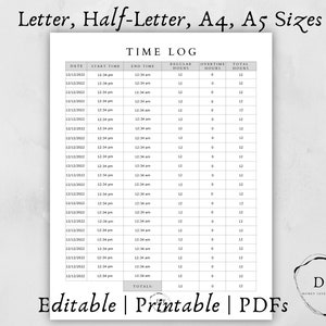 Editable Time Log-work Log Template-work Log-time Log Sheet-time Log ...
