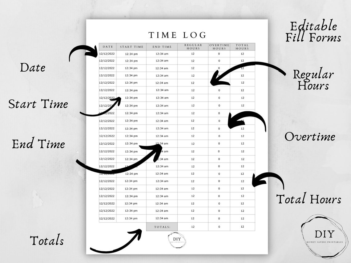 Editable Time Log-work Log Template-work Log-time Log Sheet-time Log ...