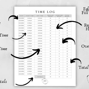 Editable Time Log-work Log Template-work Log-time Log Sheet-time Log ...