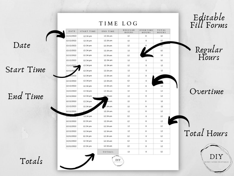 Editable Time Log-work Log Template-work Log-time Log Sheet-time Log ...