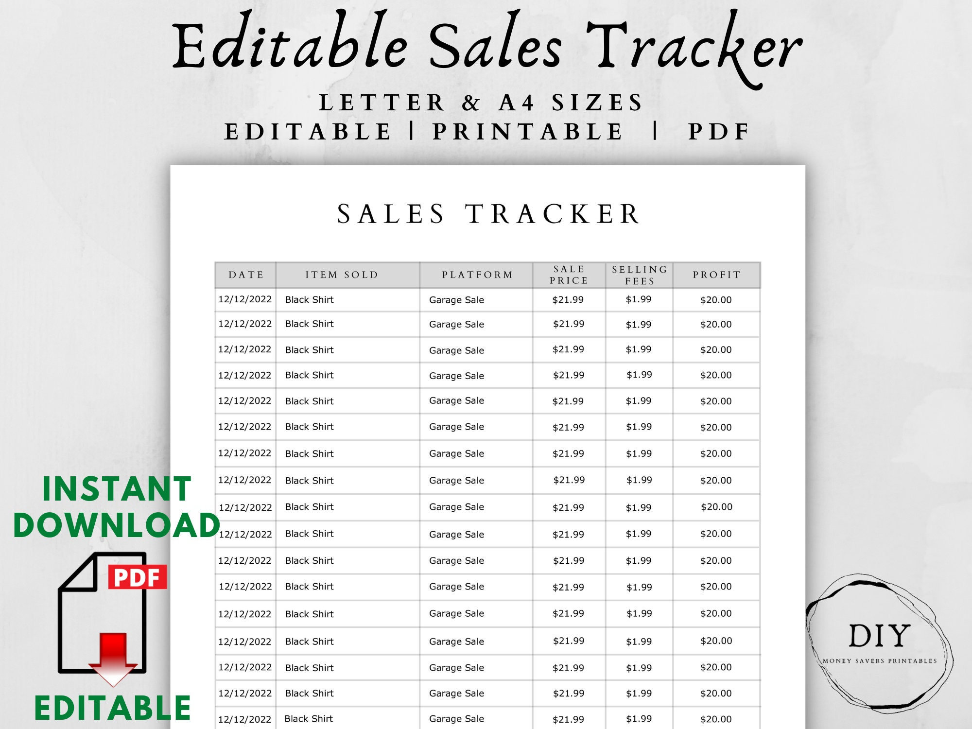 Editable Sales Tracker-printable-etsy Seller-selling Tracker-sales Log ...