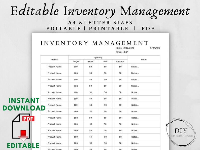 Editable Inventory-inventory Management-inventory Pdf-inventory Form ...