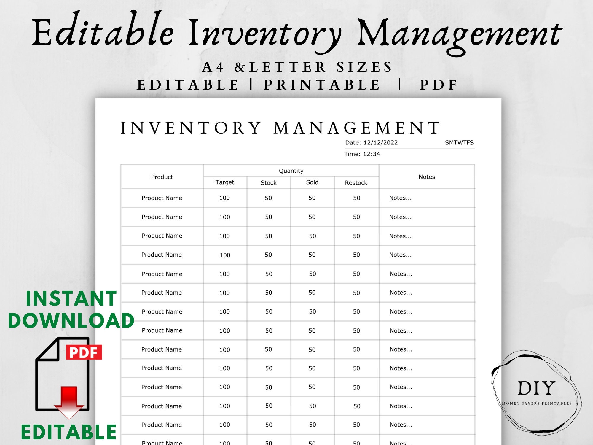 Editable Inventory-inventory Management-inventory Pdf-inventory Form ...