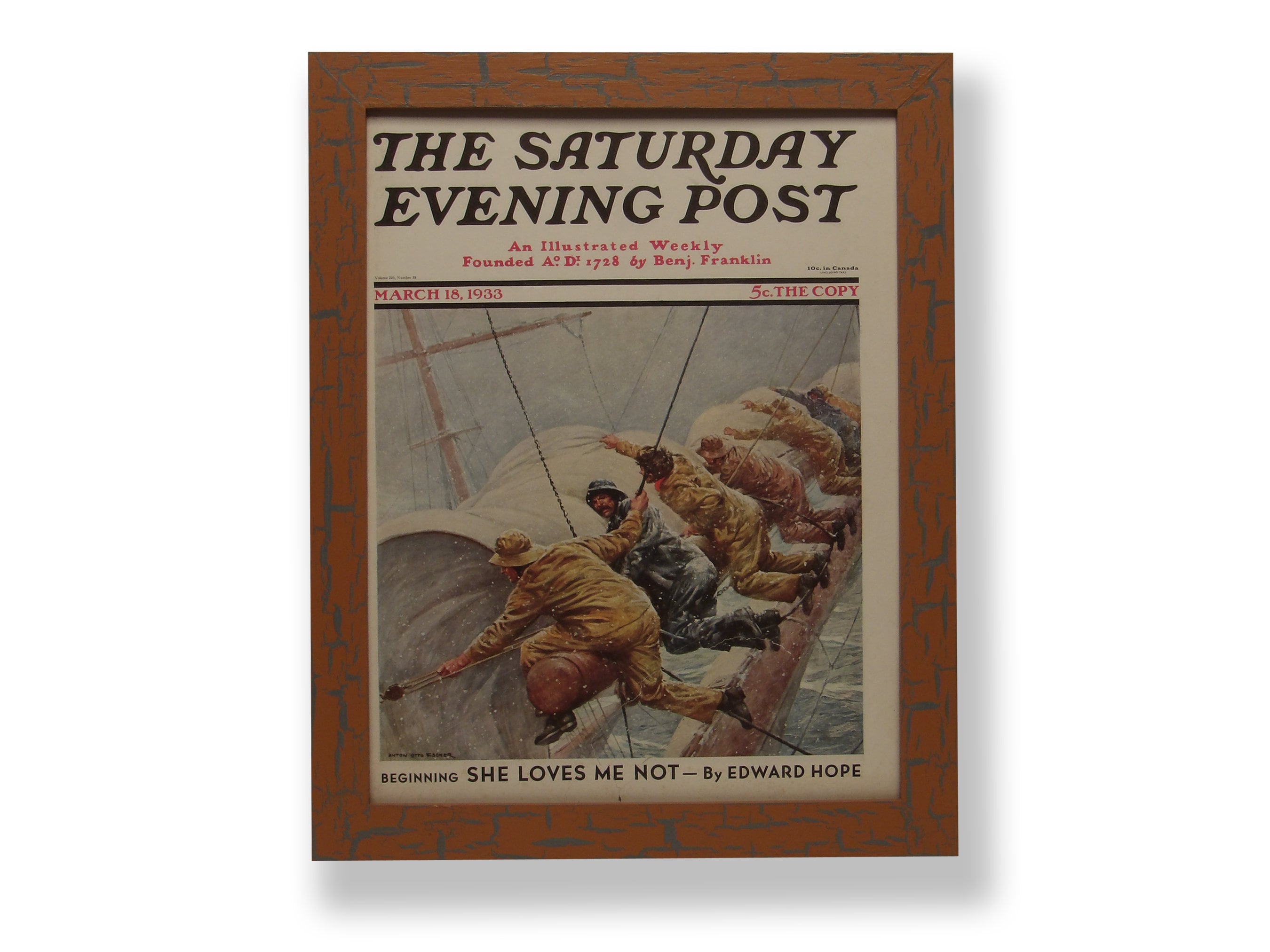 Framed Original 1933 Saturday Evening Post Magazine Cover of a Sailing ...