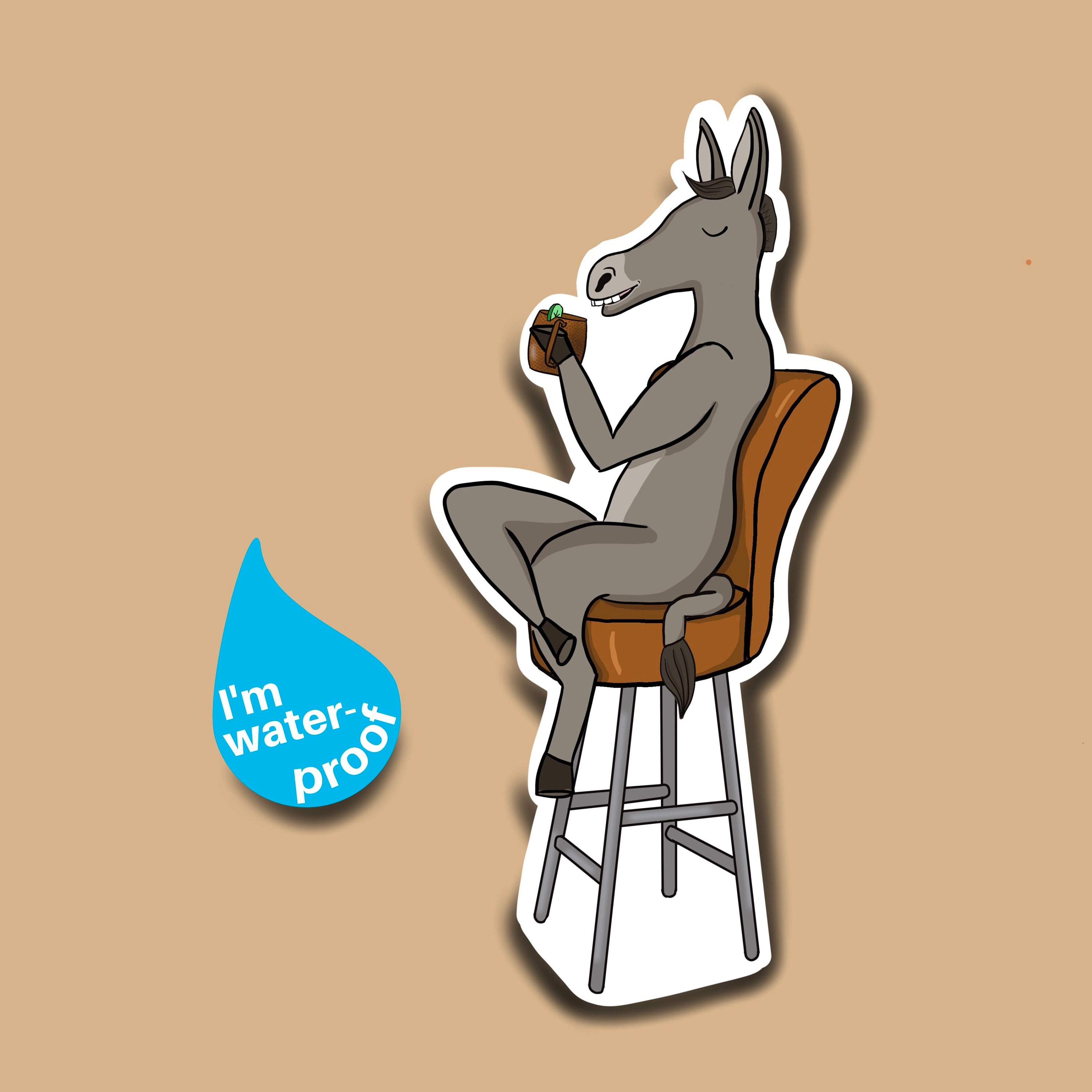 Mule With a Mule Waterproof Sticker Summer Drinks Donkey on a Barstool ...