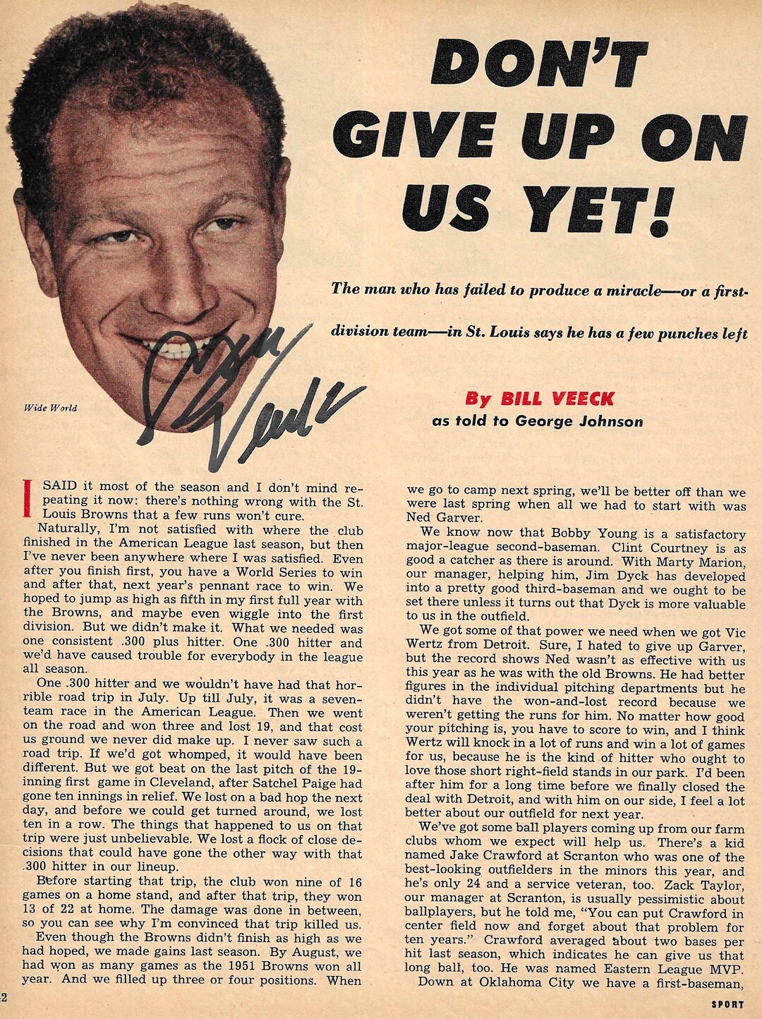 Bill Veeck, Hall of Fame, Signed 7.5x10.25 Original Sport Magazine Clip ...