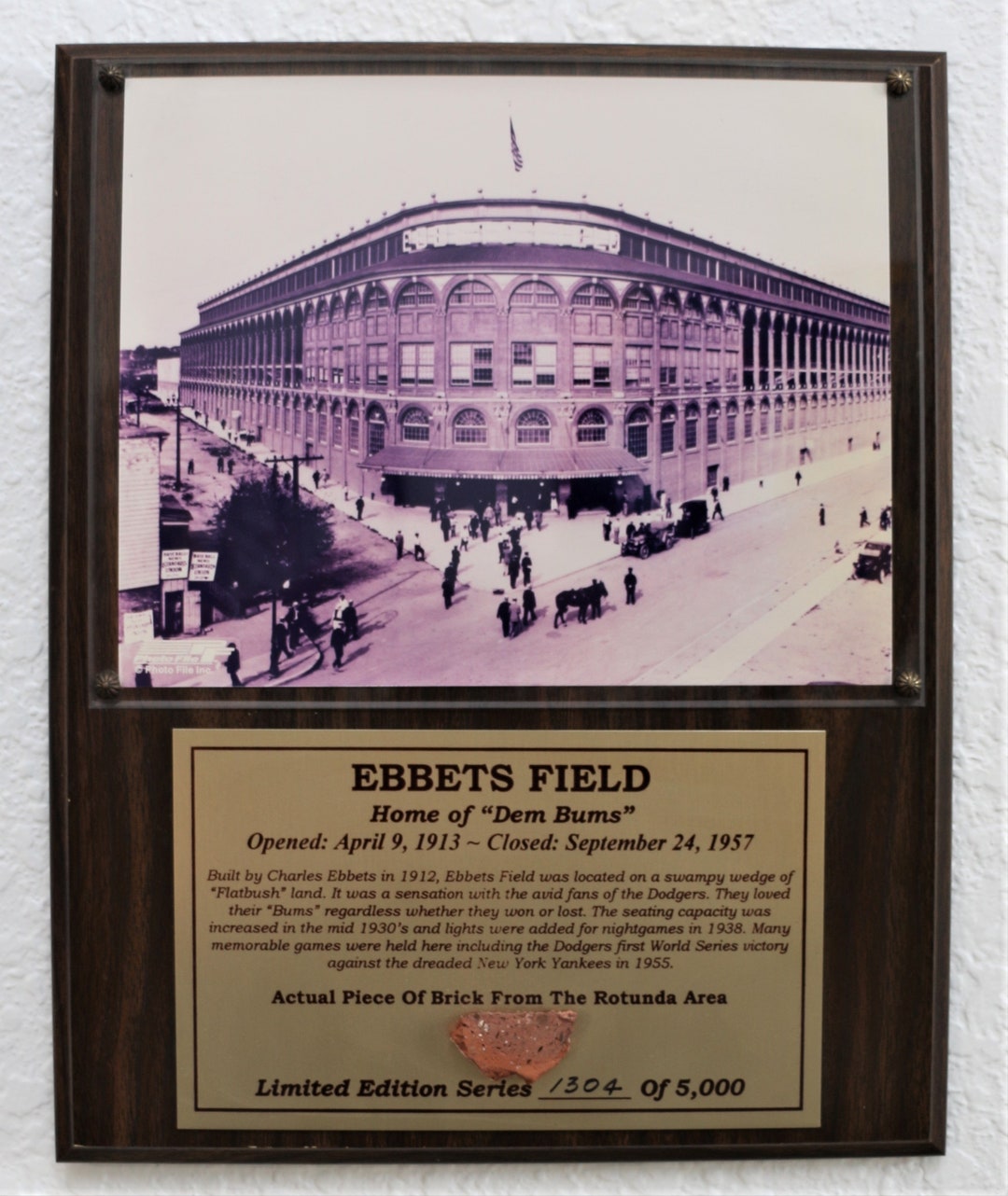 Ebbets Field, Brass Nameplate Plaque With Brick, Limited Edition #1304 ...