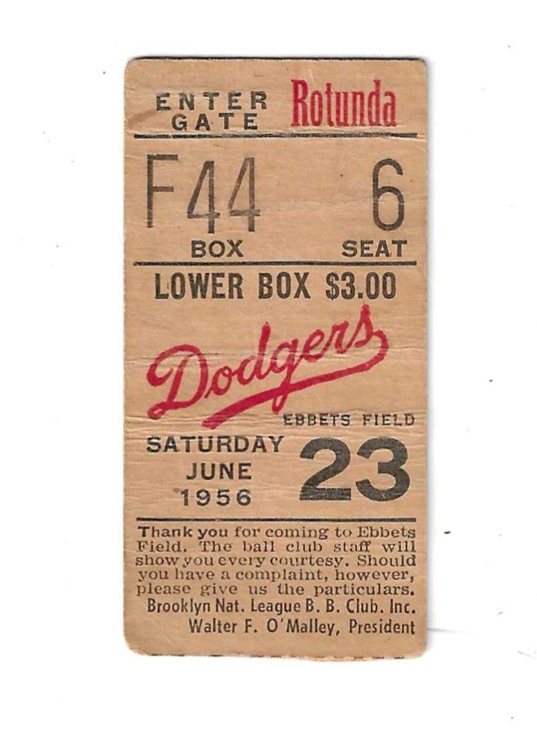 Brooklyn Dodgers, Ebbets Field Ticket June 1956 - Etsy
