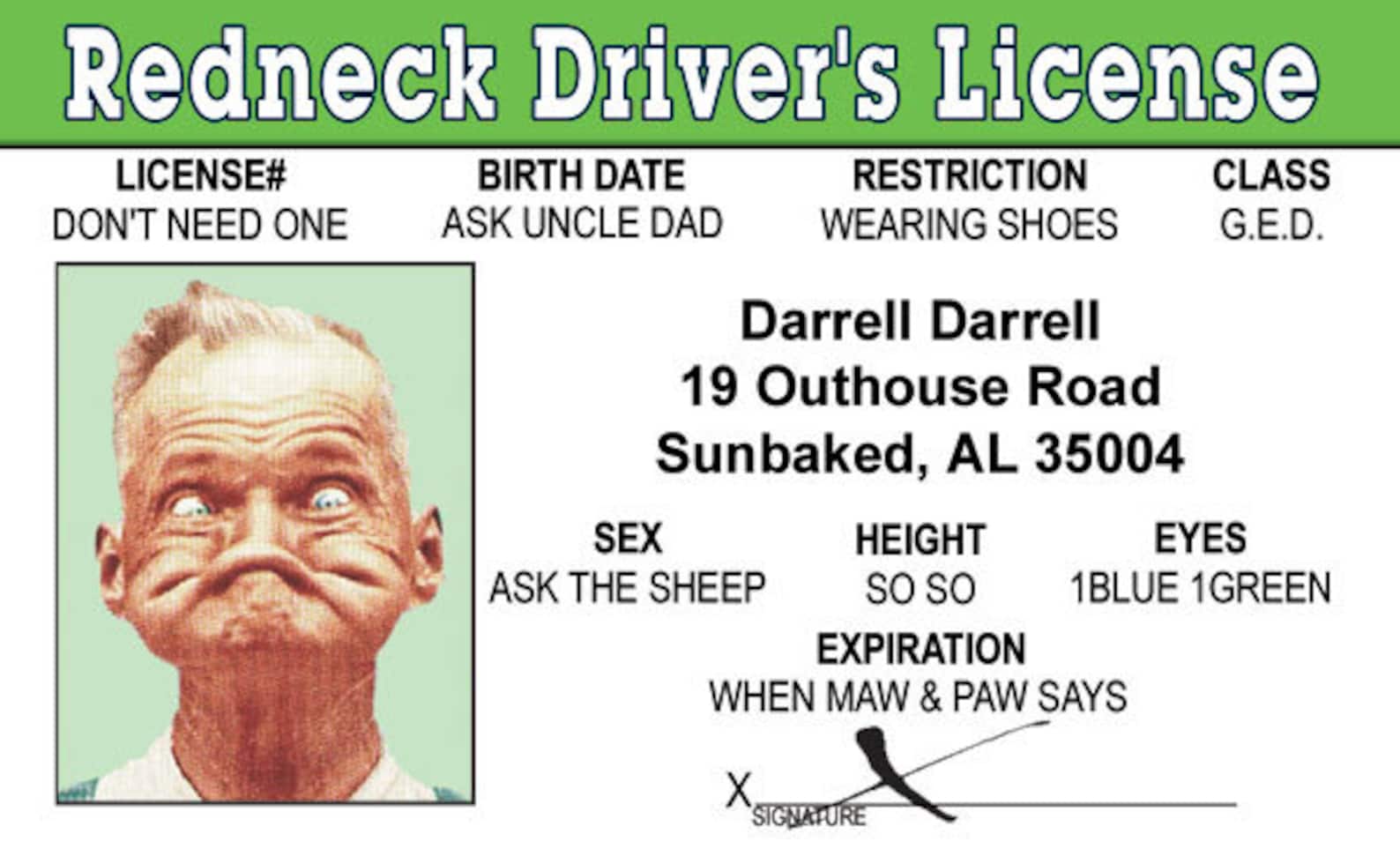 Redneck Man Fun ID Card / Drivers License Mob Boss Alabama Al | Etsy