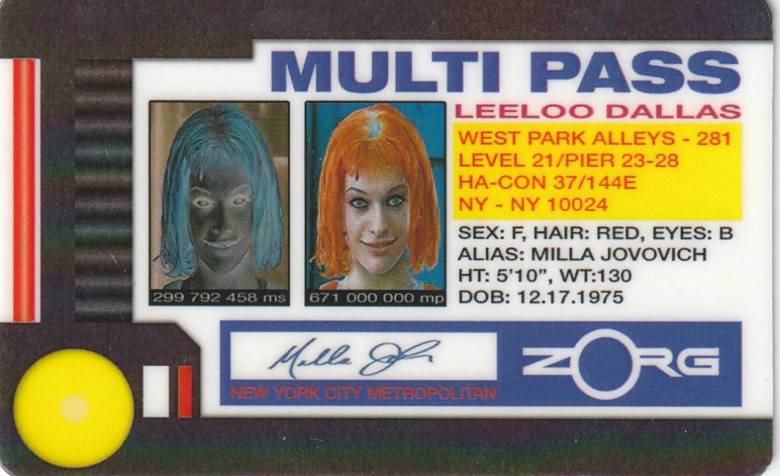 The Fifth Element LeeLoo Dallas Multi pass fun ID Card / | Etsy