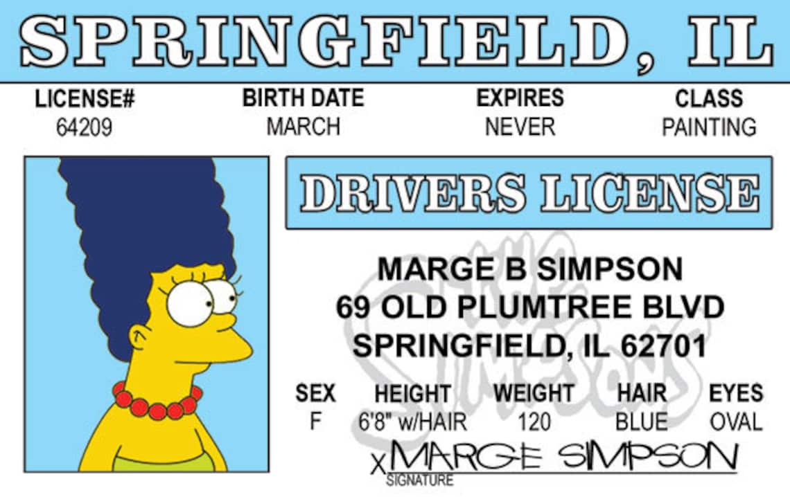 Marge Simpson of the SIMPSONS fun ID Card / Drivers License | Etsy