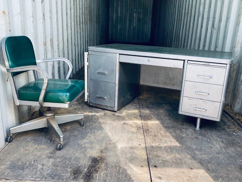 Vintage Metal Tanker Desk Set and Chair - Etsy