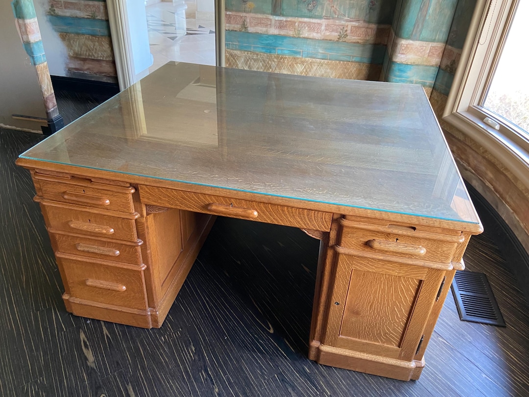Antique Oak Partners Double Sided Executive Desk With Glass Top Cover ...