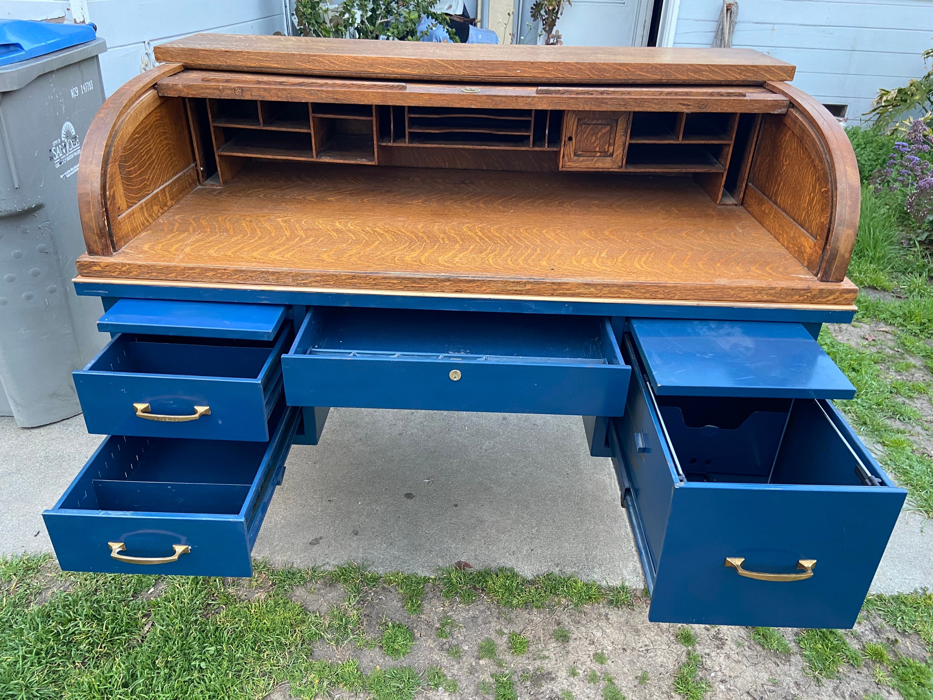Antique Tiger Oak Roll Top Metal Tanker Desk - Etsy