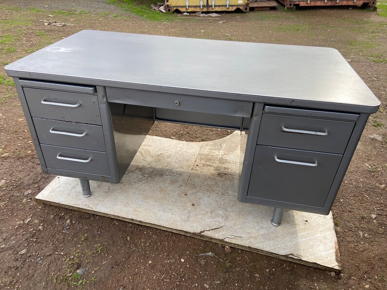 Steelcase Vintage Mid Century Modern Metal Tanker Desk With Patina - Etsy