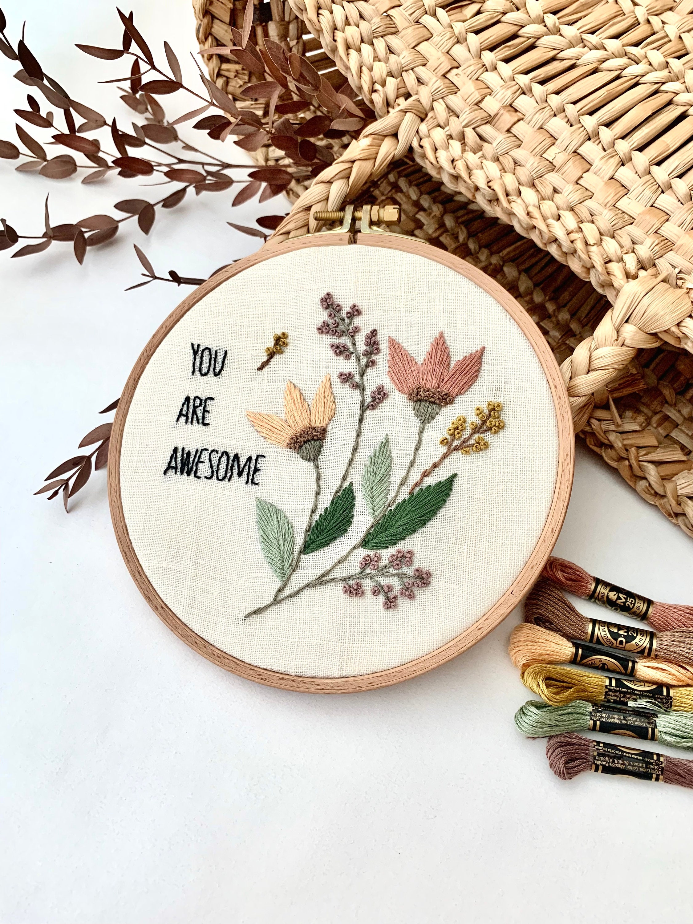 Floral Embroidery PDF Pattern With Lettering You Are Awesome - Etsy