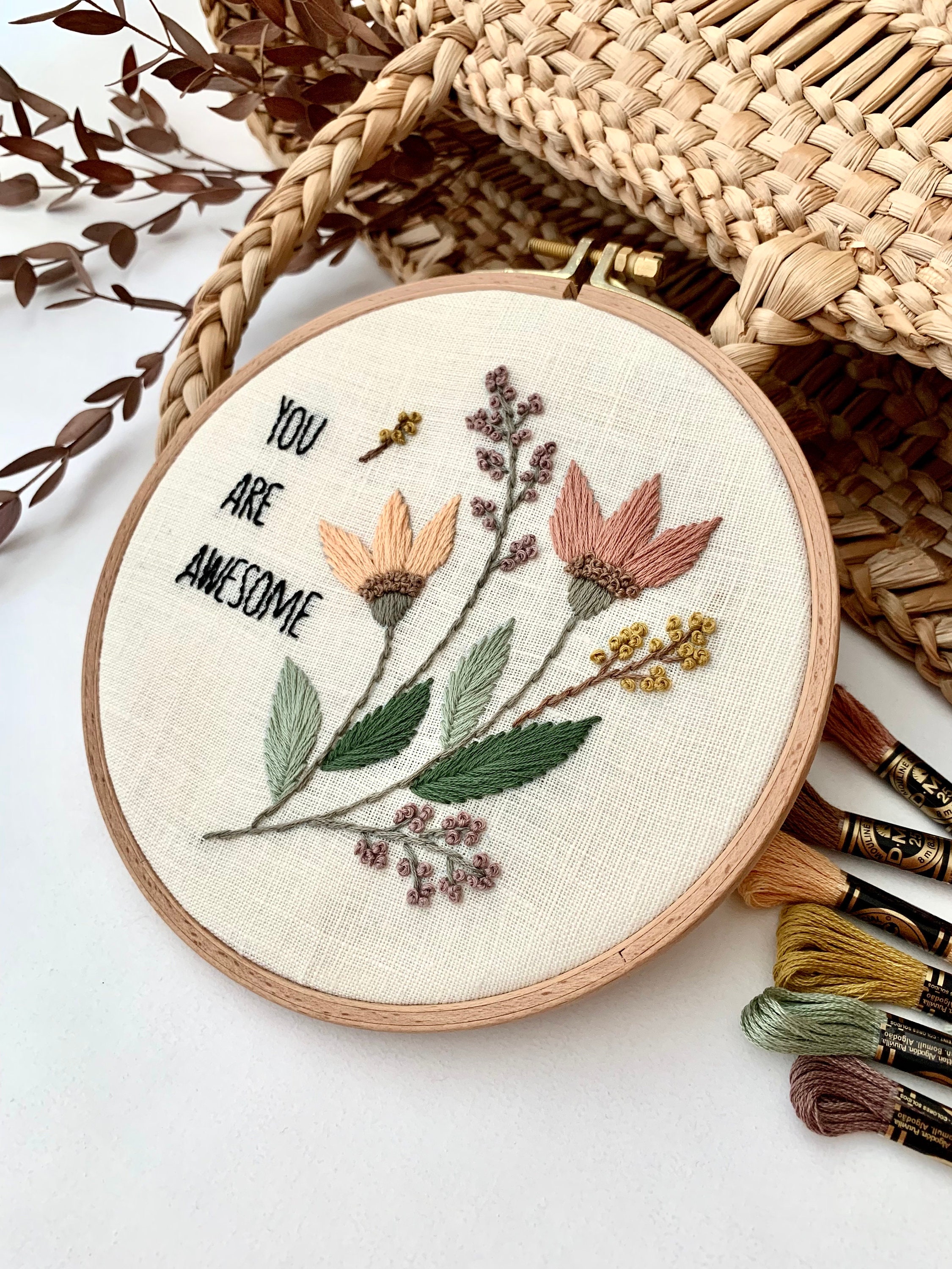 Floral Embroidery PDF Pattern With Lettering You Are Awesome | Beginner ...