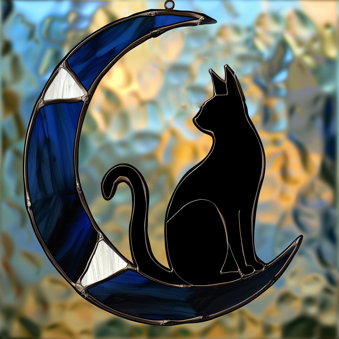 Digital Download Suncatcher Cat T01, Black Cat Sitting on Crescent Moon Stained Glass Glass ...