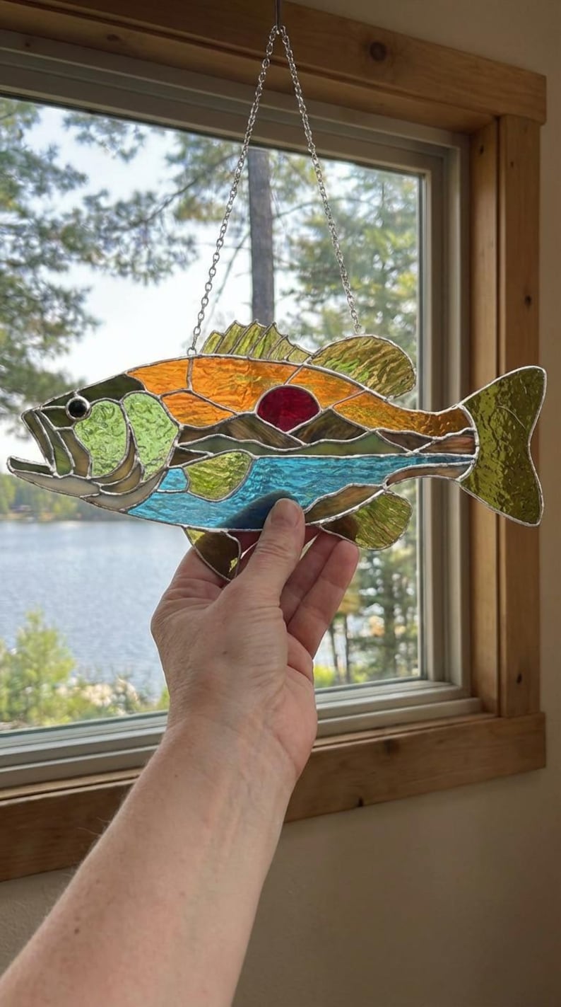 PA34 Stained Glass Bass Fish Pattern Wildlife Mens Dad Valentines Day ...
