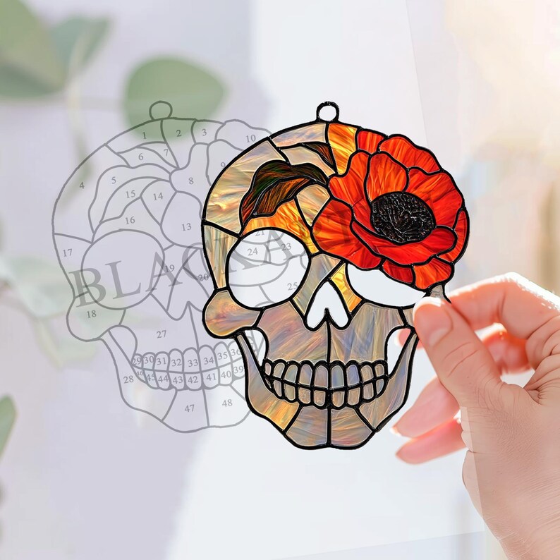 Digital Download Skull and Poppy Flower D01 Stained Glass Pattern ...
