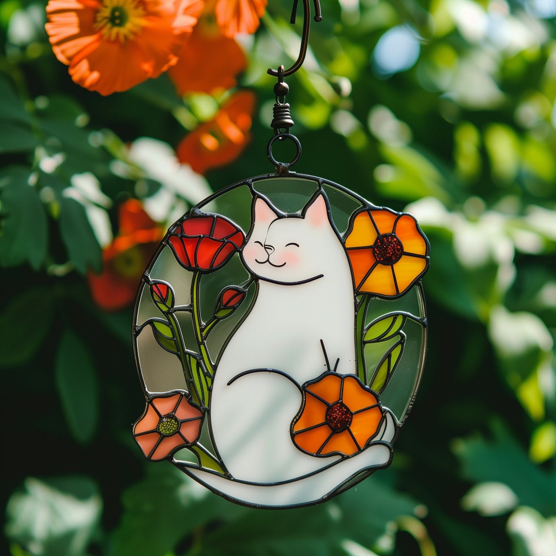 Digital Download Suncatcher Cat T01 in Flower Stained Glass Window Hanging Decorative Cat Art ...