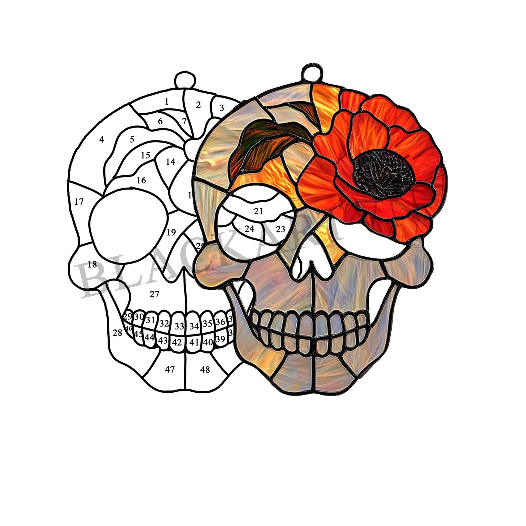Digital Download Skull and Poppy Flower D01 Stained Glass Pattern ...