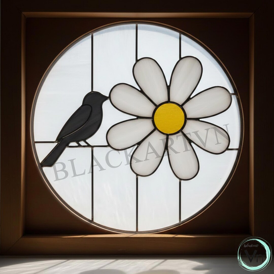 Sparrow and Daisy Stained Glass Pattern: Modern Suncatcher DIY (PDF ...