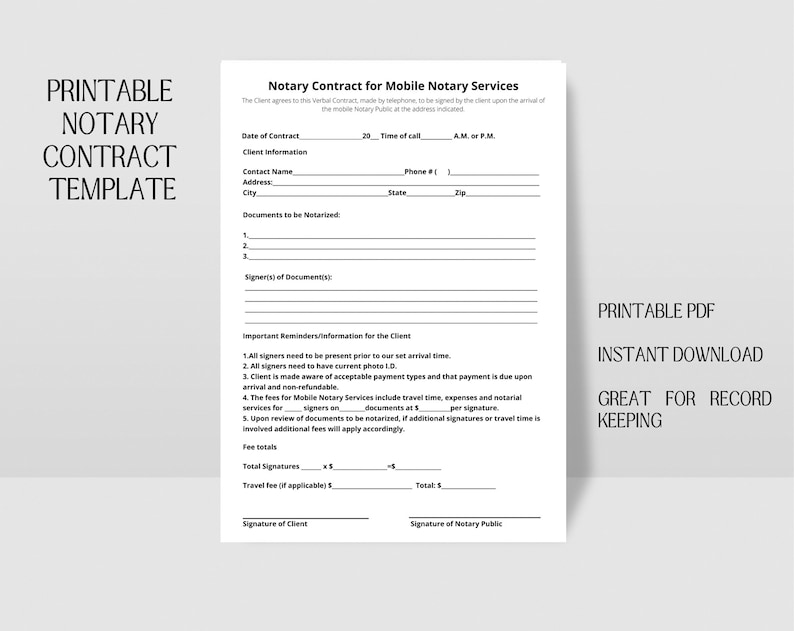 Mobile Notary Appointment Contract: Business Form (PDF) - Etsy
