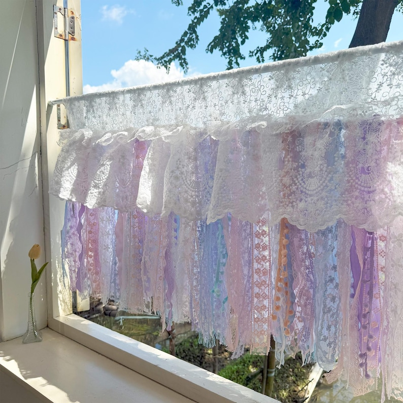 Vintage Beautiful Pink Blue Purple Lace Curtains Valance, Colorful Lace ...