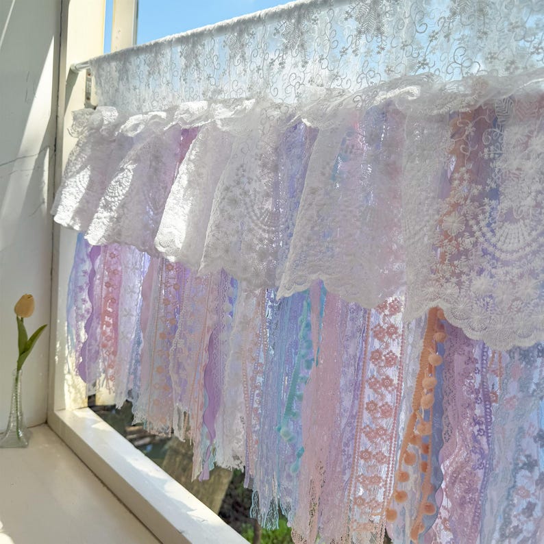 Vintage Beautiful Pink Blue Purple Lace Curtains Valance, Colorful Lace ...