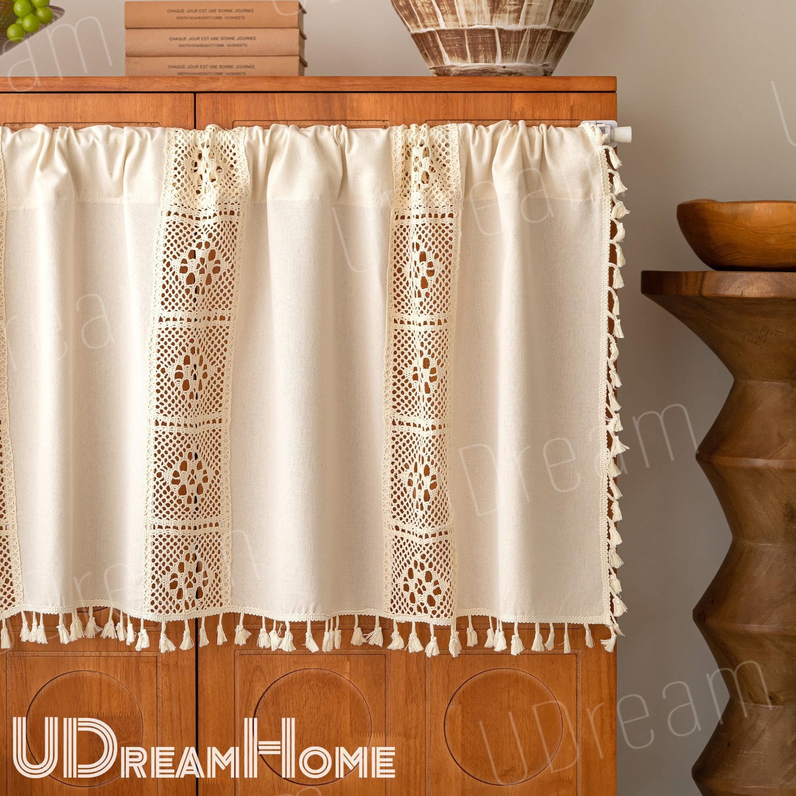 Linen Cafe Curtain: Crochet Lace, Boho Farmhouse Style - Etsy